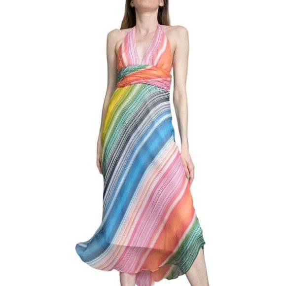 BCBGMaxAzria | Dresses | Bcbg Max Azria Vintage Y2k Halter Beaded Asymmetric Rainbow Silk Midi ...